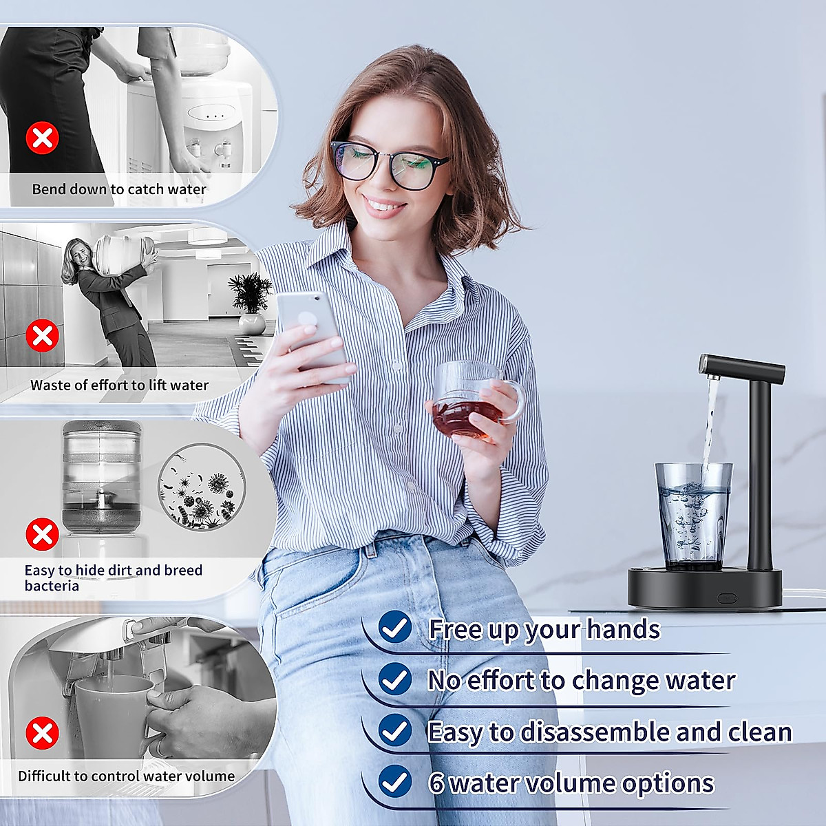 Water Dispenser - Desk Water Dispenser for 5 Gallon Bottle, Low Decibel Bedside Water Dispenser, Intelligent 7 Levels Ounce Portable Detachable Water Jug Pump for Camping Home Office Kitchen Travel