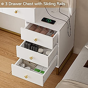 Tiptiper Makeup Vanity with Charging Station, Mirror with Lights and Table Set, Large Vanity Desk with Storage Shelves, 5 Drawers, Modern Vanity Table with Nightstand, White and Gold