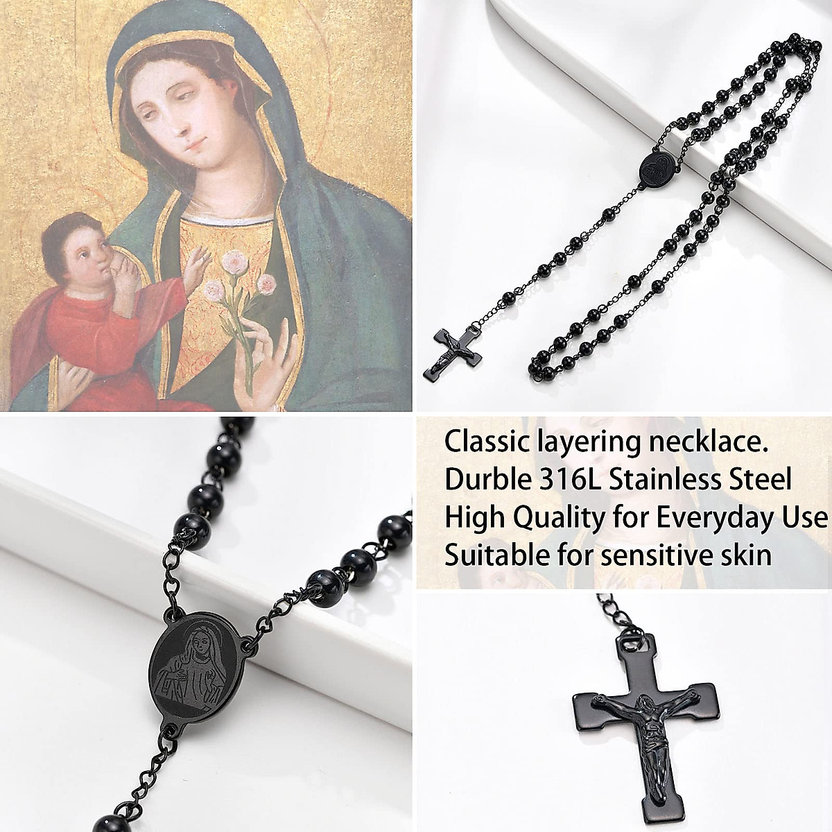VNOX Rosary Cross Necklace for Men Women,Long Rosary Beads Catholic Cross Y Necklace with Crucifix Cross Virgin Mary Medal Pendant,6mm Bead,Black