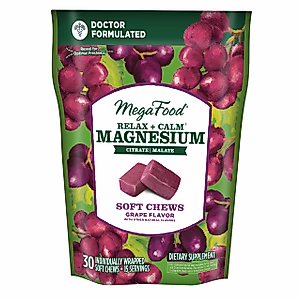 MegaFood Relax + Calm Magnesium Supplement - Soft Chews with Magnesium Citrate & Magnesium Malate for Heart Health, Muscle Tension & More - Vegetarian - Grape-Flavor - 30 Chews per Pack (Pack of 1)