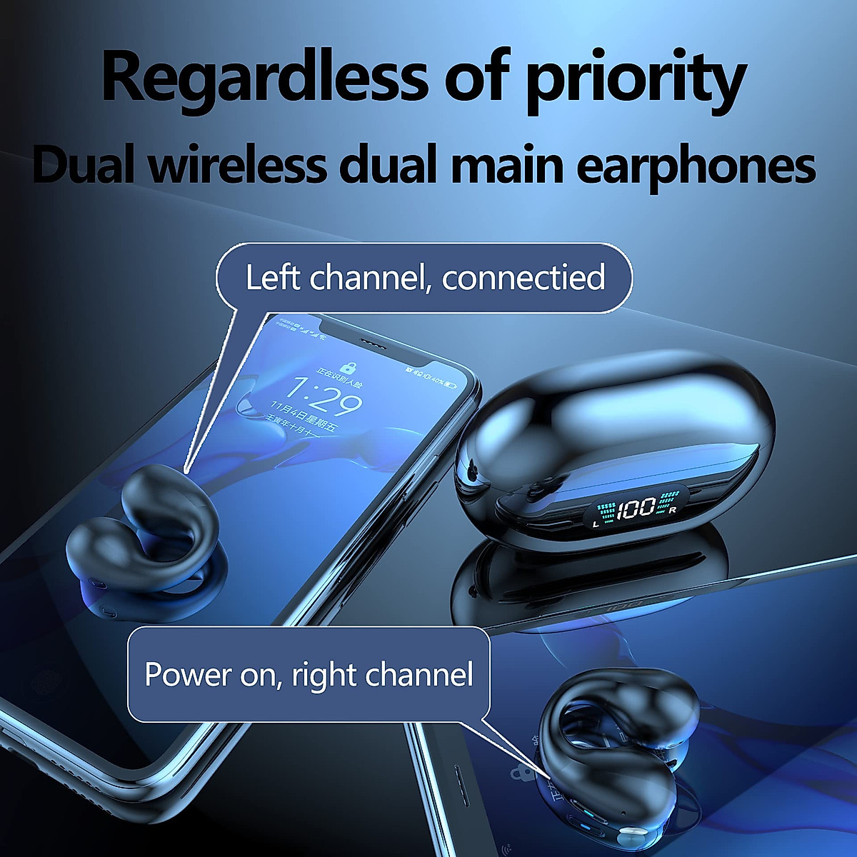 KKshop Ear Clip Headphones Bone Conduction Wireless Bluetooth 5.3 Open Ear Headphones, Clip-on Ear Noise Cancelling Headphones, Mini Sport Running Earring Earphone for Running Cycling