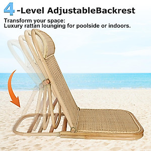 Sienson Beach Chair Folding Portable, 4-Level Adjustable Chaise Lounge, Rattan Beach Chair, Floor Wood Chair,Pool Lounger Recliner, Portable Wicker Beach for Pool Home Yoga Meditate Office Relaxation