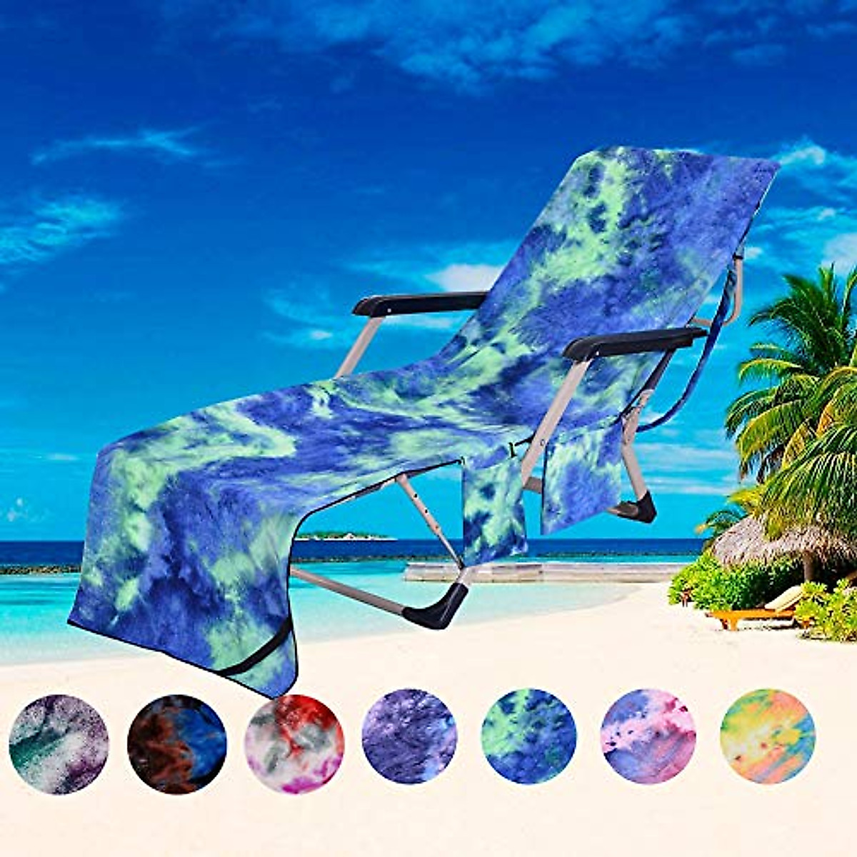 Beach Chair Cover with Side Pockets,Microfiber Chaise Lounge Chair Towel Cover for Sun Lounger Pool Sunbathing Garden Beach Hotel,Easy to Carry Around,No Sliding,Tie-Dye Green(82.5" x 29.5")