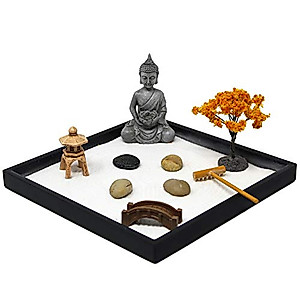 Nature's Mark Mini Zen Garden Kit for Desk with Rake, White Sand, Buddha, Bridge Black Square Base, River Rocks and Mini Blossom Tree (9Lx9W A)