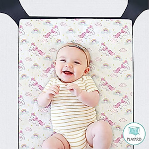 The Peanutshell Mini Crib Sheet Set for Baby Girls - 2 Pack Set for Mini Crib, Pack n Play, Playard - Pink Unicorn & Rainbow