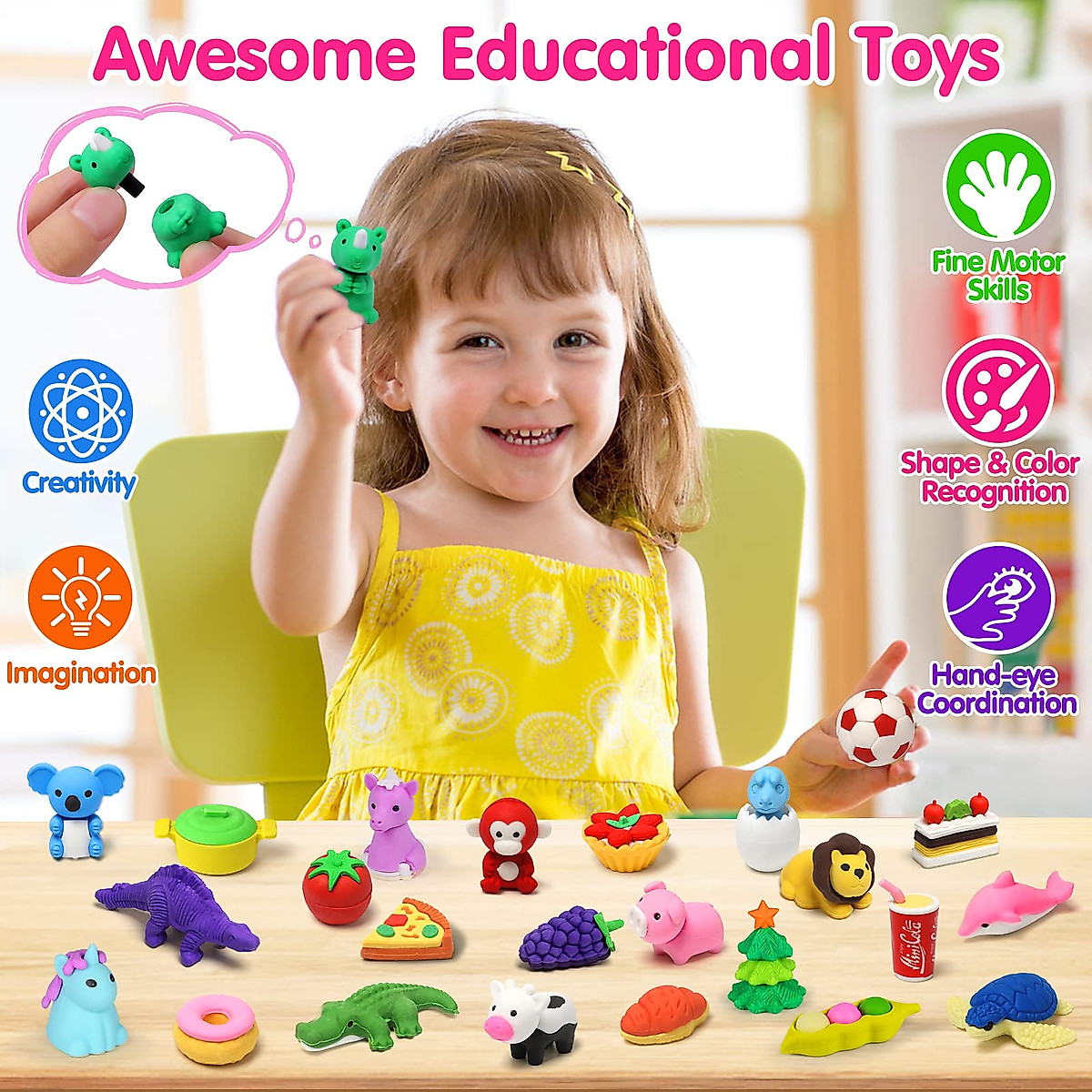 Arscniek 110 Pack Animal Erasers for Kids Bulk, Cute Desk Pets Treasure Box Toys for Classroom Prizes Rewards, Mini Pencil Erasers Take Apart Erasers Back to School Supplies Gift for Boys Girls