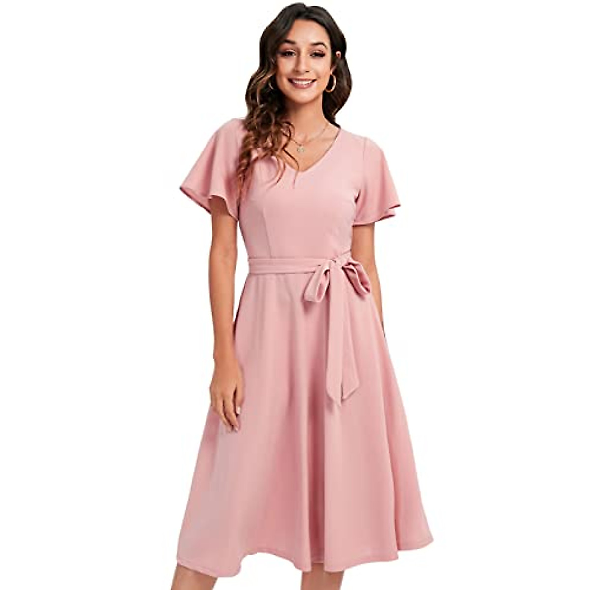 Gardenwed Cocktail Dresses for Women Wedding Guest,Fit and Flare Formal Dress with Sleeves for Homecoming Party Church Blush L