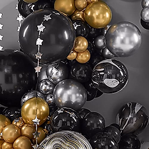 PartyWoo 140 pcs Black and Gold Balloon Arch Kit, Black and Gold Balloons Garland with 4D Marble Balloons, Chrome Metallic Silver Balloons, Star Garland for Birthday Decorations, Retirement Party
