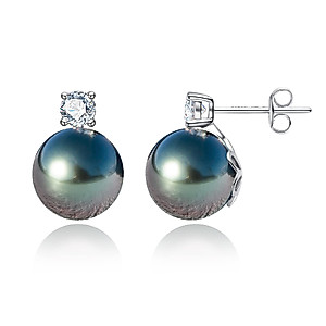 Mihiarii 11MM Tahitian Black Pearl Stud Earrings 10K Solid White Gold Moissanite Birthday Anniversary Mothers Day Valentines Day Christmas Gifts for Mom Her Women