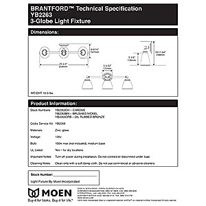 Moen YB2263BN Brantford 3-Light Dual-Mount Bath Bathroom Vanity Fixture with Frosted Glass, Brushed Nickel