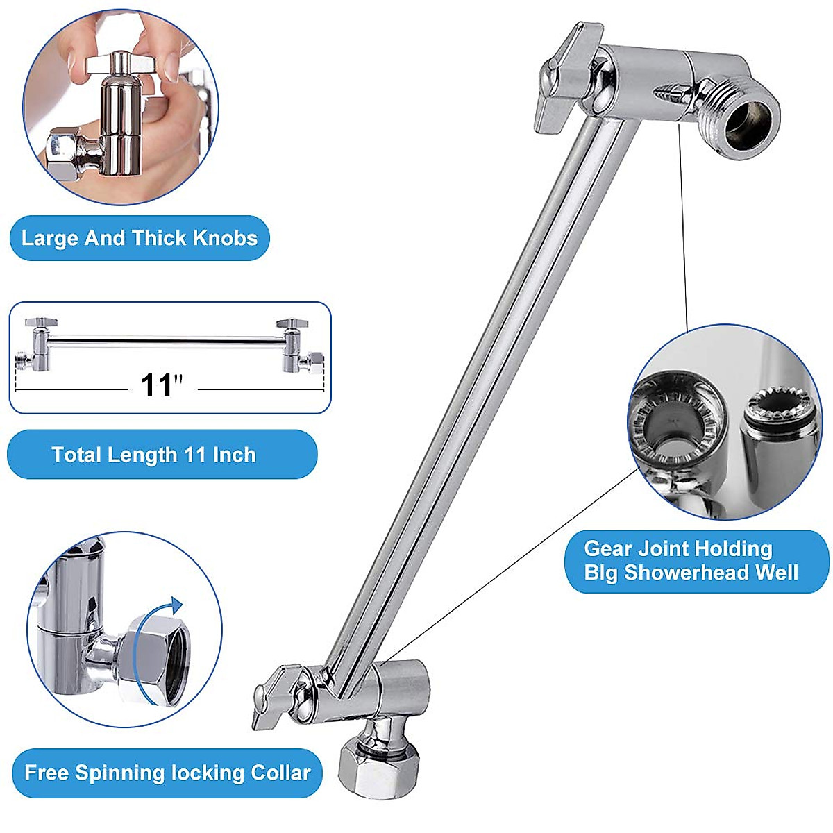 Rain Shower Head with 11’’ Adjustable Extension Arm, Large Stainless Steel High Flow Rainfall Square Shower head, Bath Shower Waterfall Full Body Coverage (12 Inch Showerhead with Arm, Chrome)