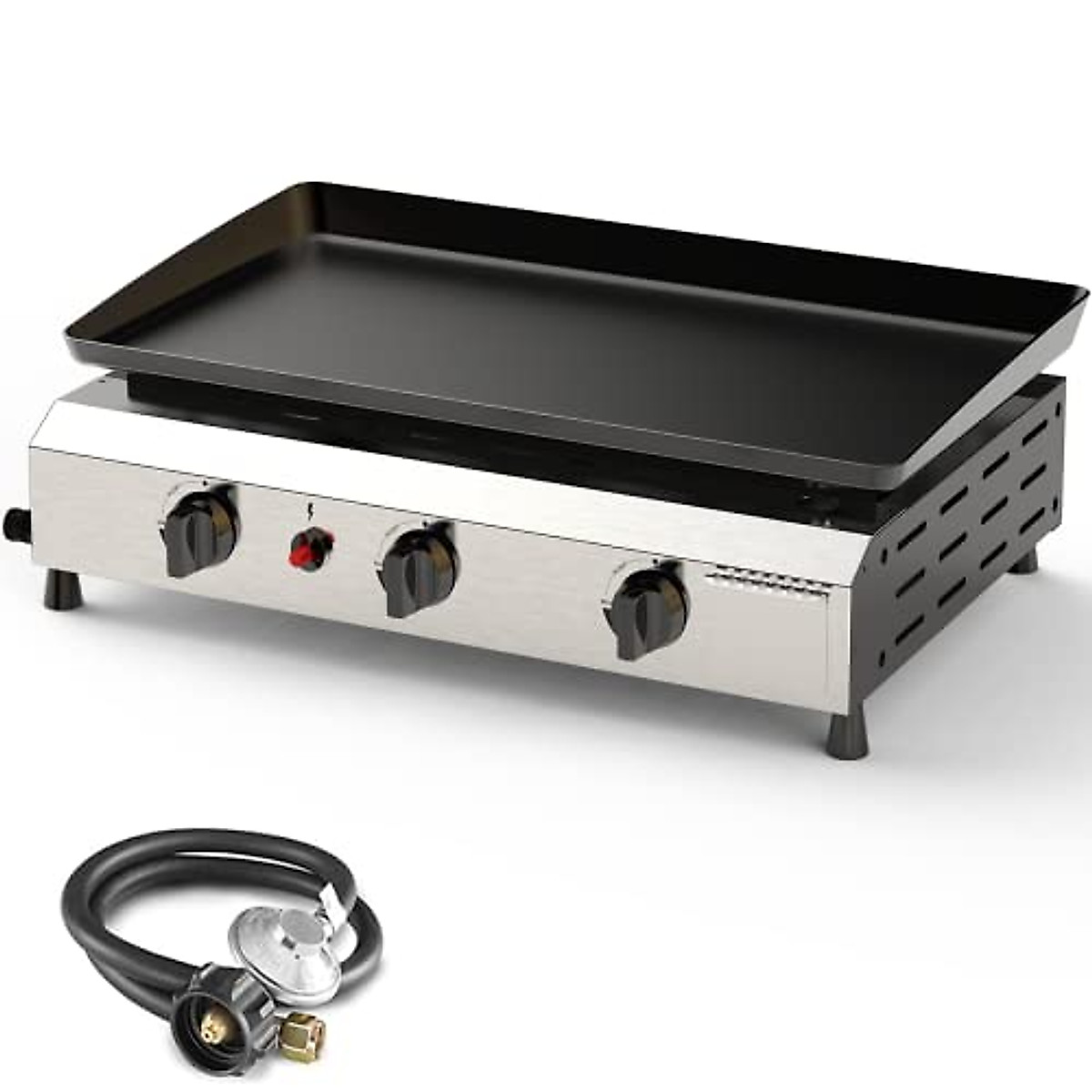 ADREAK 25.6 Inch 3 Burner BBQ Gas Grill Griddle, Stainless Steel Portable Detachable 30,000 BTU Table Top Propane Grill, Patio Garden Barbecue Grill with Two Side Table for Outdoor Cooking Camping or Tailgating (Only Griddle)
