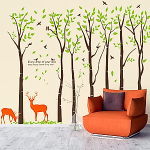 Giant Large Jungle 7 Brown Tree Wall Decal DIY Removable Vinyl Sticker Green Leaf Leaves Birds and Deer Wallpaper for Kids Girl Boy Bedroom Living Room Nursery Rooms Home Offices Walls 118" x 83"