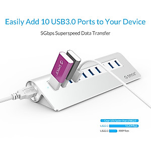 USB Hub, ORICO Super Speed USB 3.0 Triangle Aluminum Alloy Hub Splitter with DC12V Power Adaptor, 10-Port Data Hub with 3.3 Ft Extened Cable for MacBook, Mac Pro, iMac, Notebook, PC - Silver