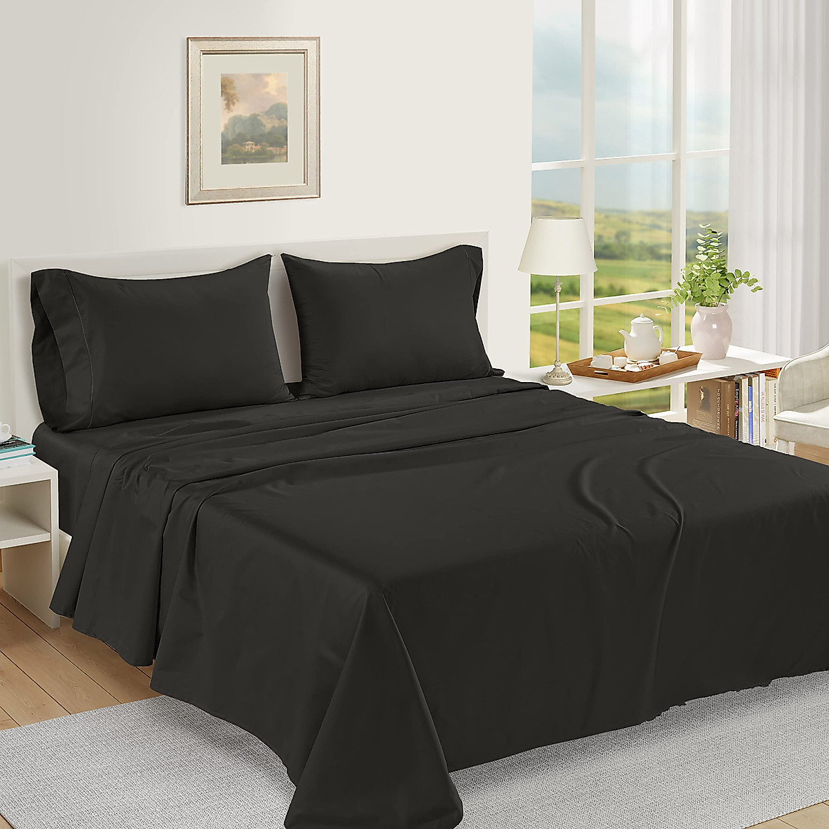 LANE LINEN 1000 TC 100% Egyptian Cotton Sheets Set Full Size Bed, Fully Elasticized Reinforced Seams Extra Deep Pocket Full Sheets Set (Never on Clearance), No Pill Fade Resistant Cooling - Black