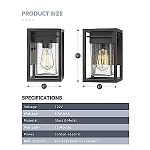 Osimir Outdoor Wall Sconce 2 Pack, Modern 1-Light Outdoor Wall Lighting Fixtures in Black Finish with Bubble Glass Lamp Shade, Outdoor Patio Porch Wall Mount Light 2103-1W-2PK