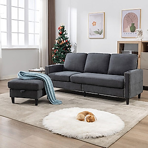 Siiejia Convertible Sectional Couches for Living Room, L-Shaped Couch 3 Seats Sofas with Storage Chaise & 2 Cup Holders, Small Sofa for Apartment, Compact Spaces, Dark Grey