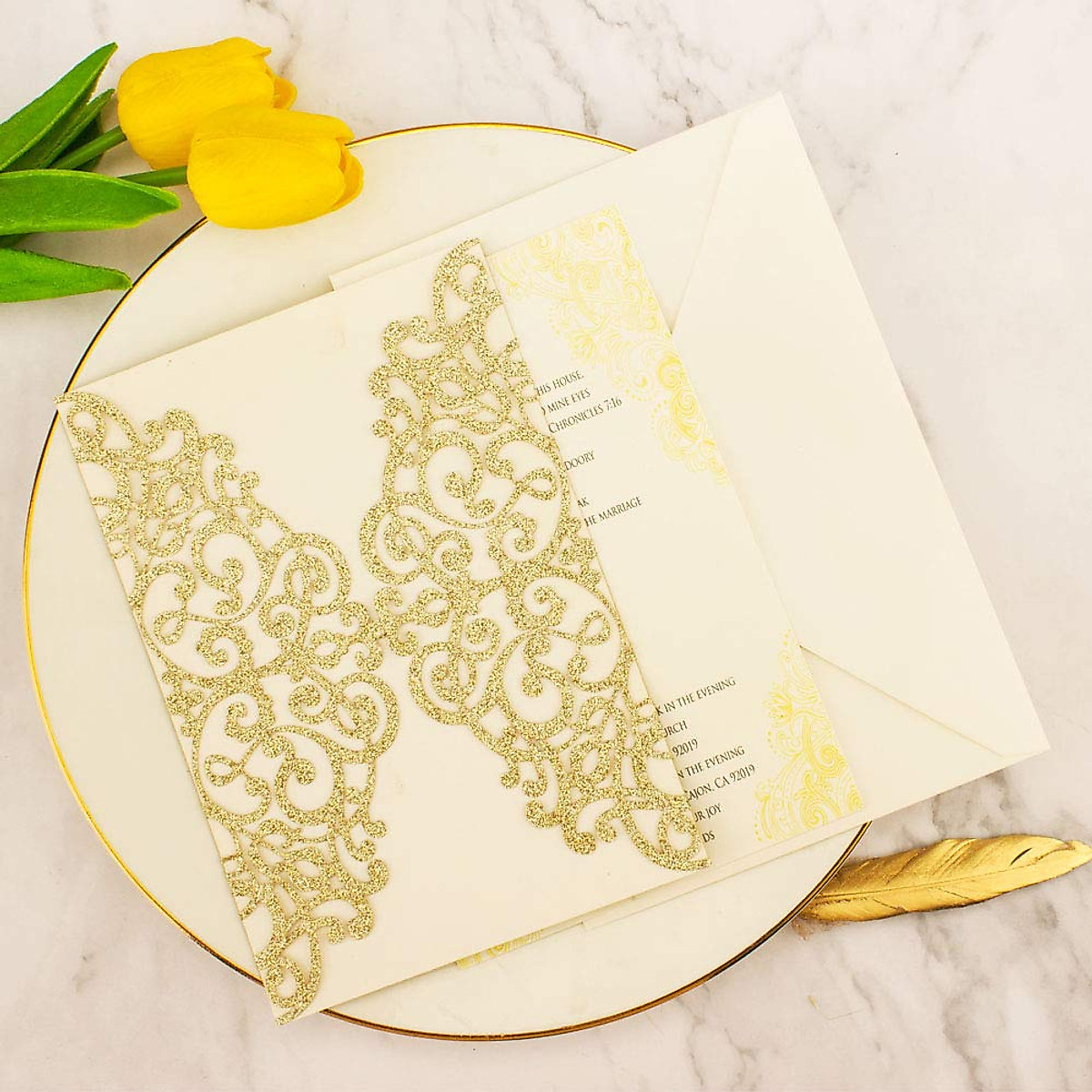 50Sets 5x7 inch 250gsm Light Gold Glitter Wedding Invitations Cards with Envelopes Laser Cut Greeting invites 4 Birthday Bridal Show