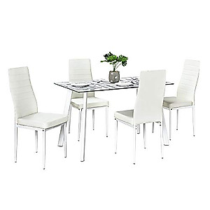 Bonnlo 5 Pieces Dining Table Set,Modern White Dining Room Table Set for 4,Small Kitchen Table and Chairs Set for 4,Glass Dinner Table Set with PU Leather Metal Frame Chairs,Clear&White