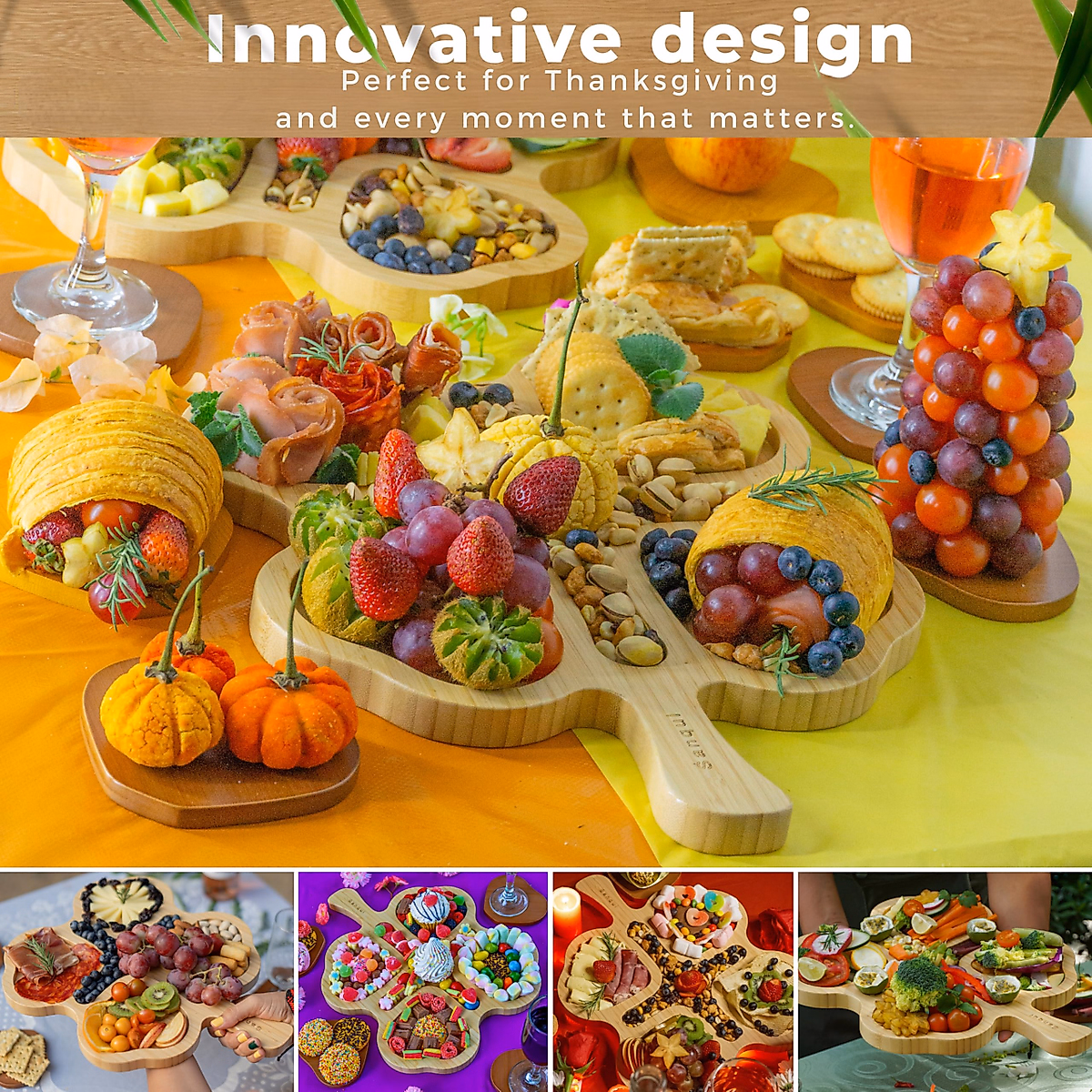 Sanqui Charcuterie Boards Gift Set - Coasters Set of 4 - Cheese Board Set - Bamboo Charcuterie Board - Charcuterie Set - Cheese Tray - Portable Charcuterie Board Set - Cheese Platter - Serving Board