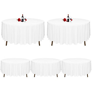 MTREO 5 Pack Round Tablecloth 90 Inch Polyester Round Table Cloths White Wrinkle Resistant Washable Polyester Table Cloth Decorative Fabric Table Cover for Wedding Party Restaurant Buffet Table