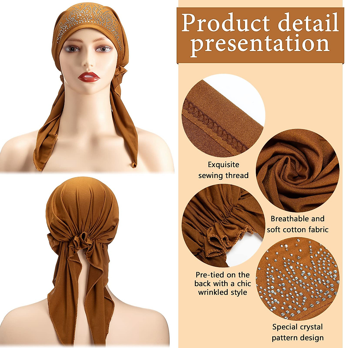 Geyoga 6 Packs Rhinestone Head Scarf Stretchy Head Wrap Women Bandana Beanie Pre Tied Durag Turban Cap Skull Cap Headbands(Vivid Colors)