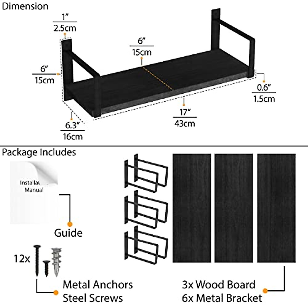 Wallniture Toledo Floating Shelves for Living Room Wall Shelves Dinning Room, Office & Kitchen Organization Bedrom Wall Decor Black Bookshelf Set of 3