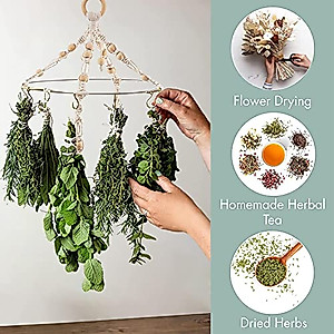 Flower Drying Rack, Stainless Steel Boho Drying Rack, Handwoven Wooden Decorative Drying Hanger with 15 Hooks, Durable Hanging Herb Rack with Cotton Rope, Easy to Use Herb Dryer for Hydroponic Plants