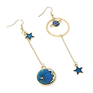 Honbay Enamel Moon Star Earth Planet Asymmetrical Earrings Chic Long Pendant Dangle Earrings (A)