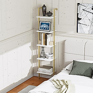 NUMENN Industrial Ladder Shelf, 5 Tier Book Shelf, Open Space Wall Mount Bookshelf with Metal Frame, Sturdy Book Shelves, Bookcase for Living Room, White and Brown Gold