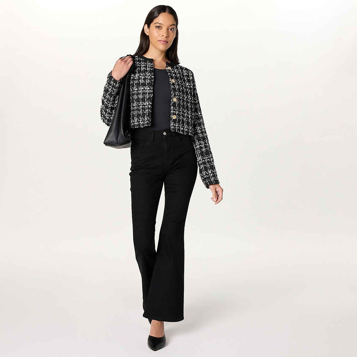 The Drop Women's Aida Cropped Boucle Jacket Black, XXL, Plus Size