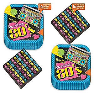 80s Theme Throwback Party Dessert Plates and Napkins - Totally Awesome Throwback Theme Disposable Tableware (Serves 16)