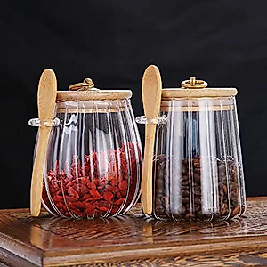 WEIRUIFANZHI 2 Pack Small Glass Coffee Jars set Canister with Bamboo Lid&spoon Petal Decorative Container with Metal Handle&scoop Airtight Storage jar Easy to Grasp for Nuts,Tea,Candy,Cookies(23.7OZ)