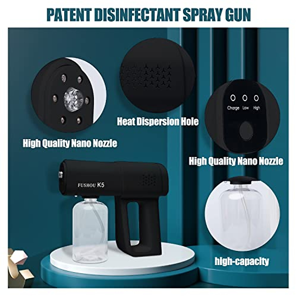 Nano Steam Gun Handheld Electrostatic Sprayer Rechargeable Nano Atomizer, 12 oz Portable Electric Mist Steam Gun for Home，Offoce，School，Garden，Detachable Tank(Black)