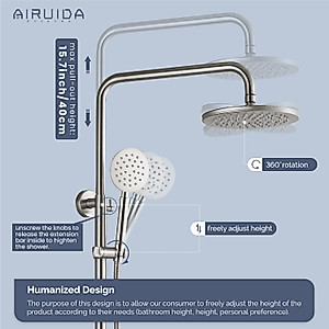 Airuida SUS304 Outdoor Shower Fixture Brushed Nickel Exposed Shower Faucet Combo Set Single Handle 8 Inch Thicken Rainfall Showerhead With Handheld Spray Wall Mount Dual Functions