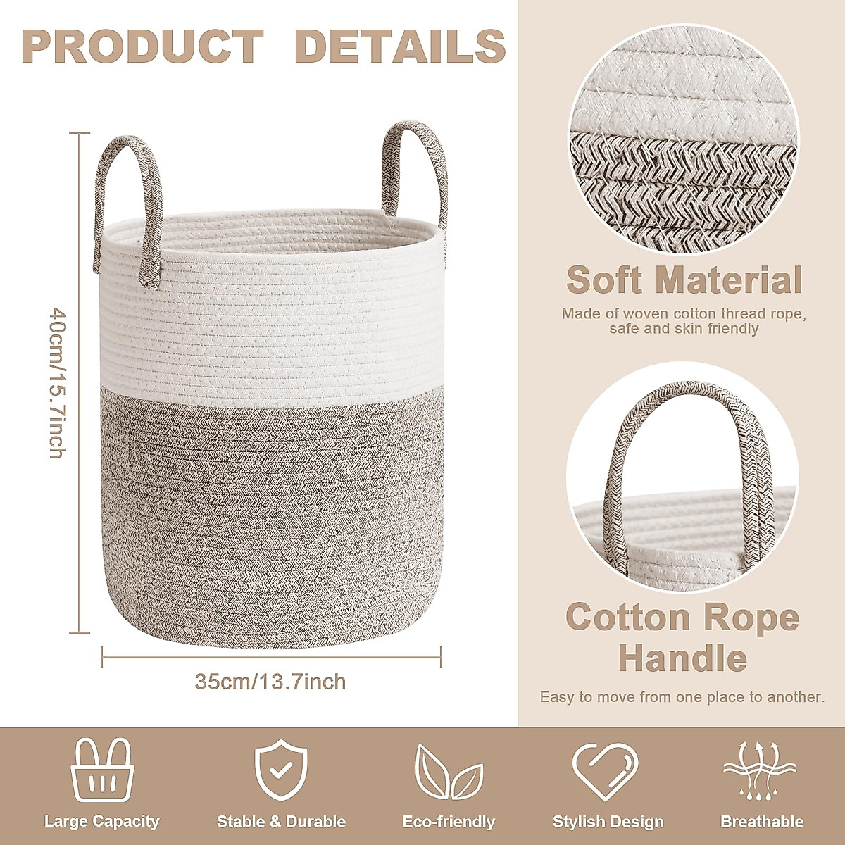 Tanlade 4 Pcs Blanket Basket Tall Woven Rope Laundry Basket 13.7 x 15.7 Inch Baby Nursery Laundry Hamper with Handle for Clothes Towels Toys Storage Hamper Basket for Bathroom Living Room (Brown)