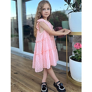 AGQT Toddler Girls Summer Dress Loose Fit Swiss Dots Flowy Pleated Dress Ruffle Babydoll Birthday Chiffon Dress Pink Size 1-2T