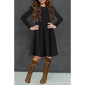 HOSIKA Girls Fall Dress Long Sleeve Ruffle Casual A-Line Midi Dress with Pocket for Kids 6-12 Years Black