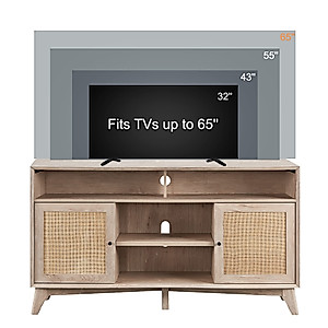 OKD TV Stand for 65+ Inch TV, 32'' Tall Highboy Entertainment Center, Mid Century Modern Media TV Console with Natural Rattan Door, Adjustable Shelves, Boho Television Stand, Oak