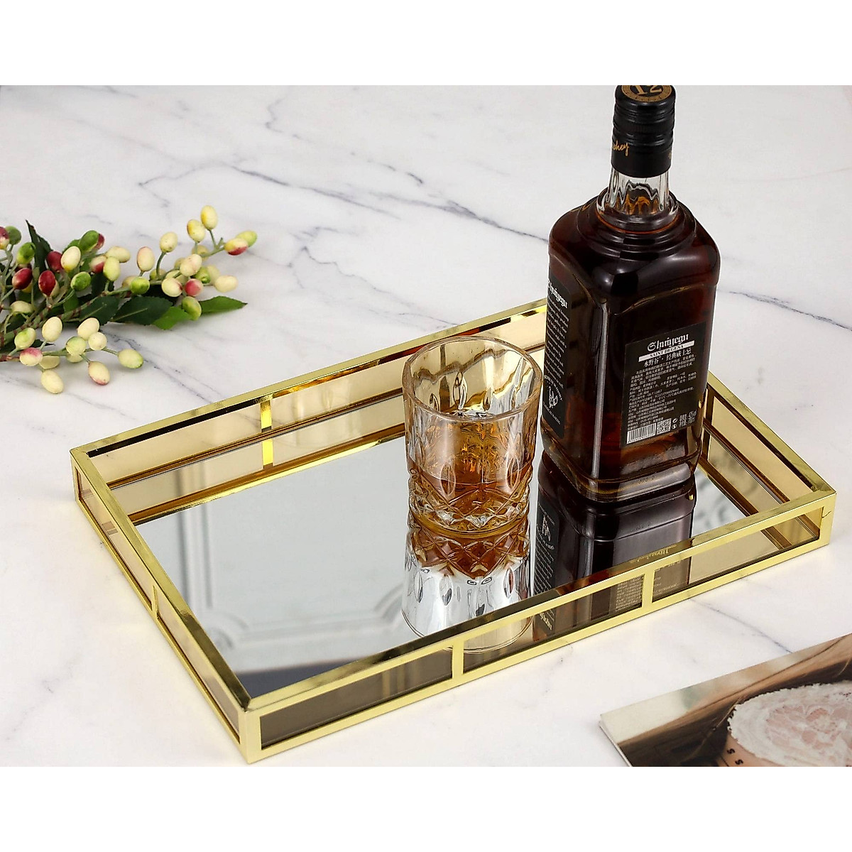 KEZNGUU Decorative Tray,14" Mother of Pearl Serving Tray,Moroccan Style Coffee Table Tray,Perfume Trays for Dresser,Gold Vanity Tray for Bathroom,Living Room,Bedroom,Ottoman,Nightstand,Office