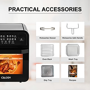 Calody 12.7 QT Air Fryer, 16-in-1 Air Fryer Toaster Oven Combo with One-Touch Preset Cooking Functions, LED Display Screen, Visible Window, Recipe and 6 Accessories Included, 1600W