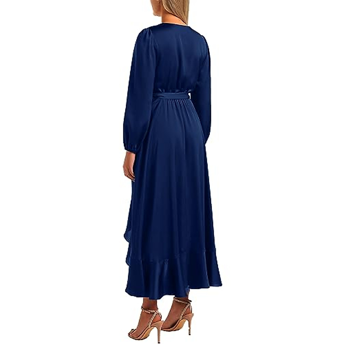 PRETTYGARDEN Women's 2023 Fall Dresses Casual Long Sleeve Wrap V Neck Maxi Dress High Low Wedding Guest Dress Ruffle Hem (Navy,Large)