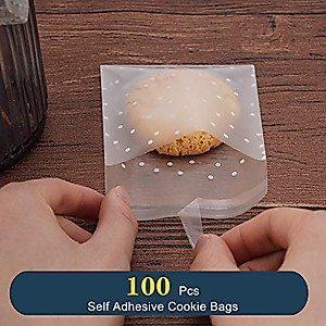 Self Adhesive Cookie Bags Treat Bags, Resealable Cellophane Bags, White Polka Dot Individual Cookie Bags with Thank You Stickers for Gift Giving (5.5''x5.5'', 100 Pcs)