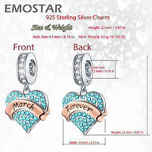 March Birthstone Charms fits Pandora Style Bracelet, Sparkling Pave Heart Aquamarine CZ Forever Love Pendant in 925 Sterling Silver, Gifts for Christmas/Mothers/Valentines Day