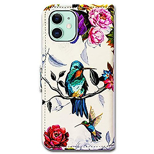 Bcov iPhone 13 Mini Case, Hummingbird in Flowers Bird Leather Flip Phone Case Wallet Cover with Card Slot Holder Kickstand for iPhone 13 Mini