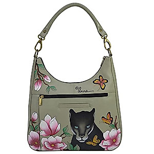 Anna by Anuschka womens Anna Anuschka Women s Genuine Leather Large Classic Hobo Hand Painted Original Artwork Exterior, Garden Panther, One Size US