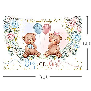 MEHOFOND 7x5ft Bear Gender Reveal Baby Shower Party Backdrop Boy or Girl Blush Pink Blue Floral Photography Background Party Decor Blue and Pink Balloons Gold Confetti Photobooth