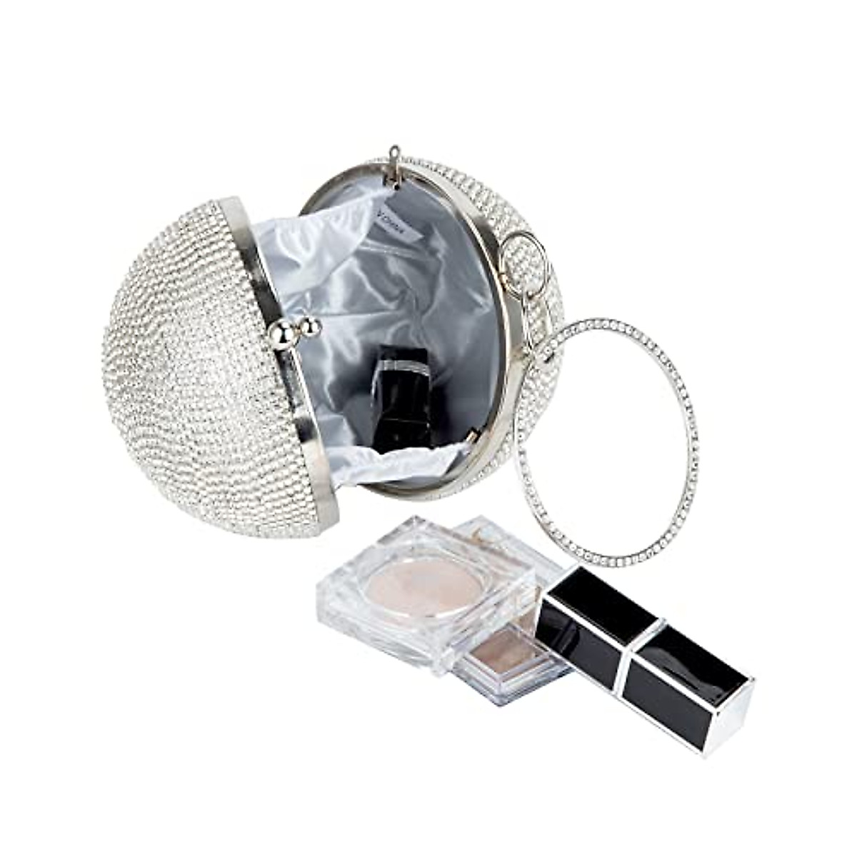 GripIt Women's Evening Round Ball Bag Diamond Clutch Purse Glitter Party Wedding Handbag with Chain,Silver