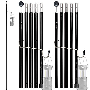 Sutekus Aluminum Poles Tarp Poles Replacement Accessories 5 Section Multifunction Aluminum Rod with Lantern Hook for Camping Shelters Canopy Support 2 Poles (Black)