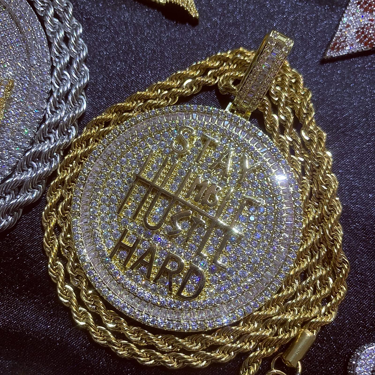 ICEDIAMOND 14K Gold Plated Stay Humble-Hustle Hard Encourage Pendant Necklace, Iced Out CZ Diamond Hip Hop Charm Jewelry for Men Women (Gold)